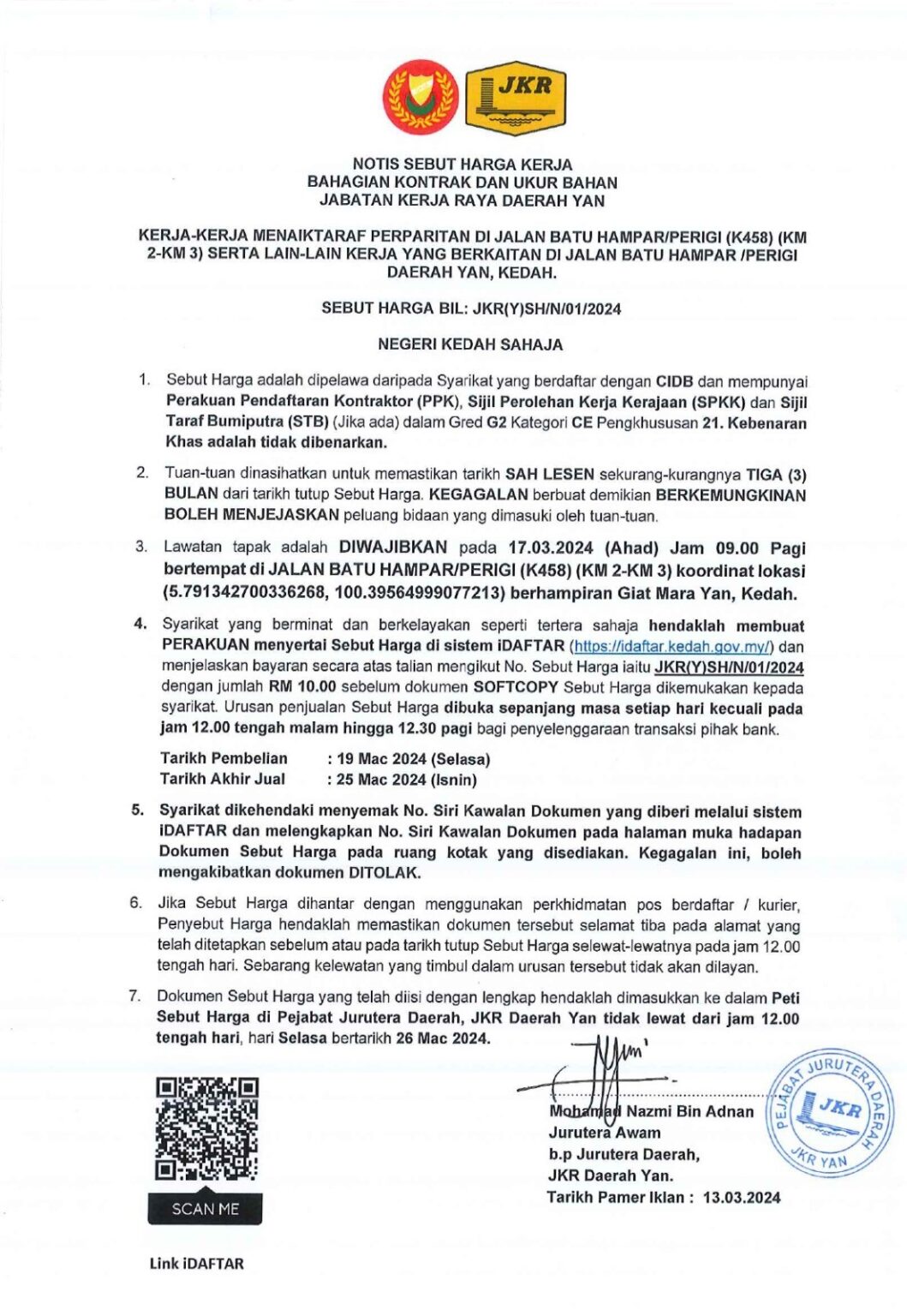 PELAWAAN SEBUT HARGA BAGI SESI - 1 (2024) JKR DAERAH YAN, KEDAH ...